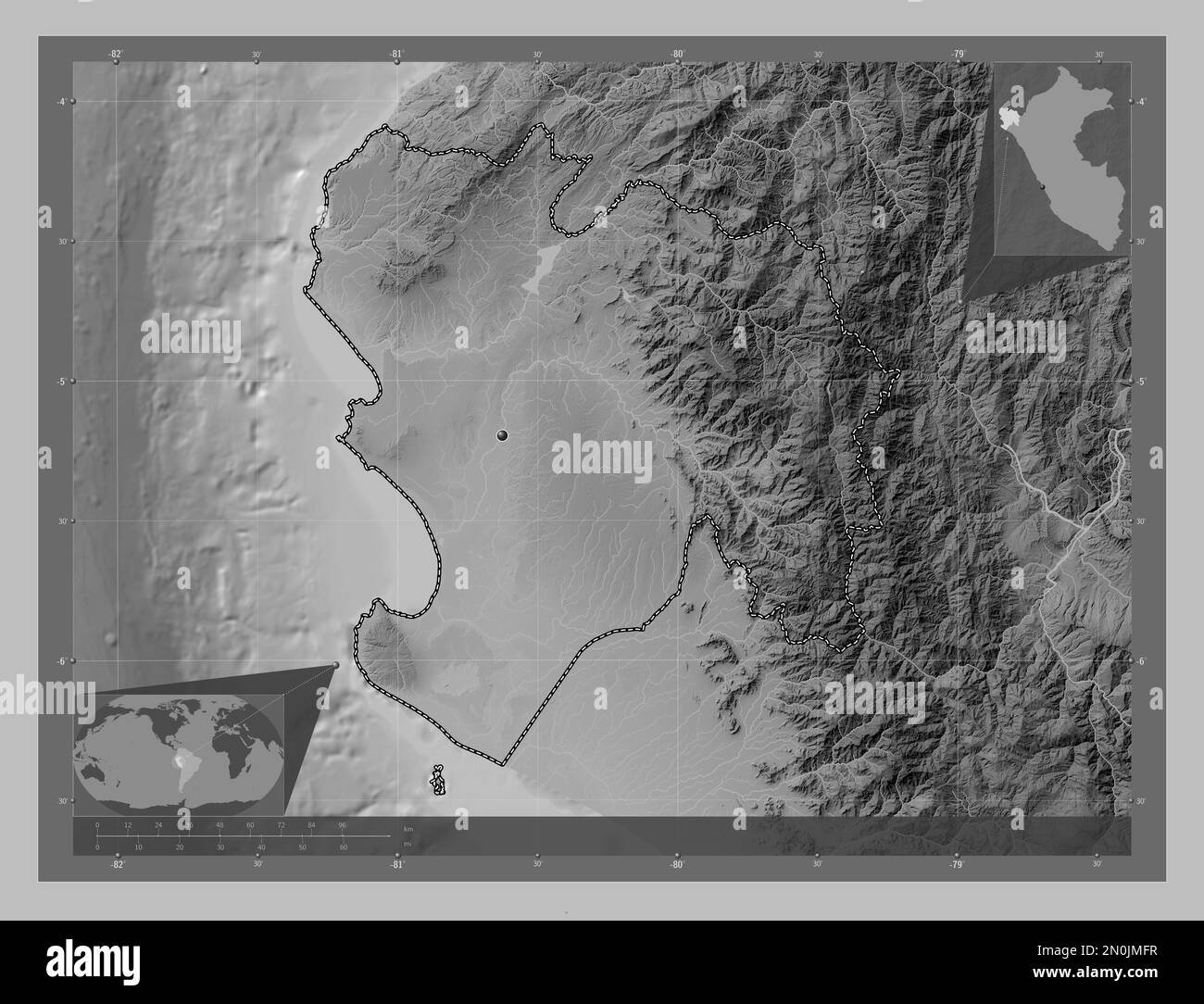 Piura, region of Peru. Grayscale elevation map with lakes and rivers ...