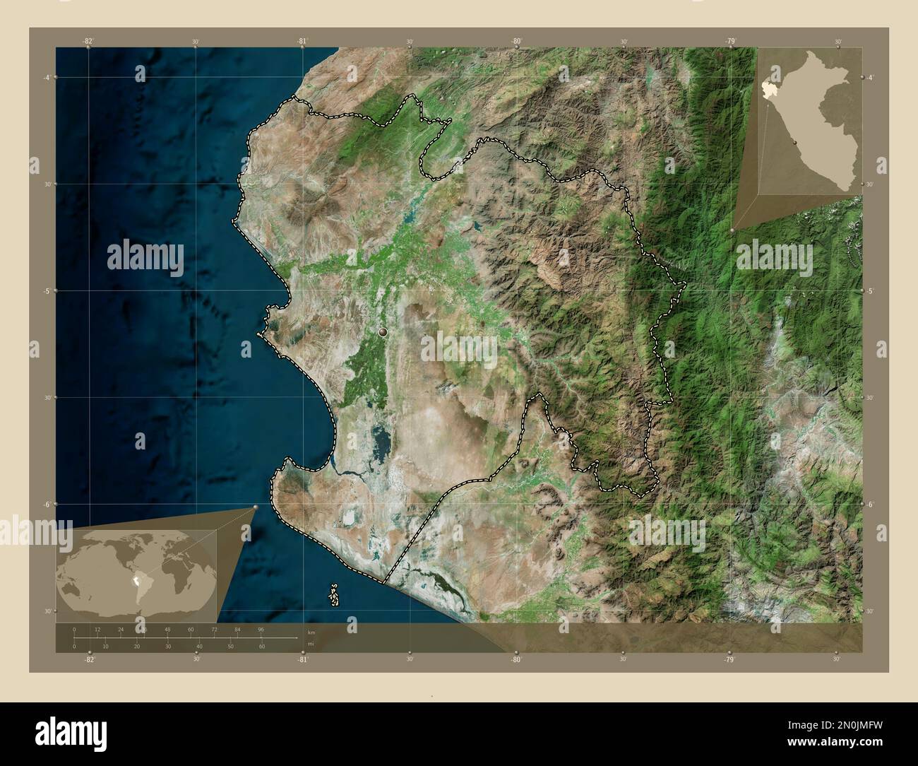 Piura, region of Peru. High resolution satellite map. Corner auxiliary ...