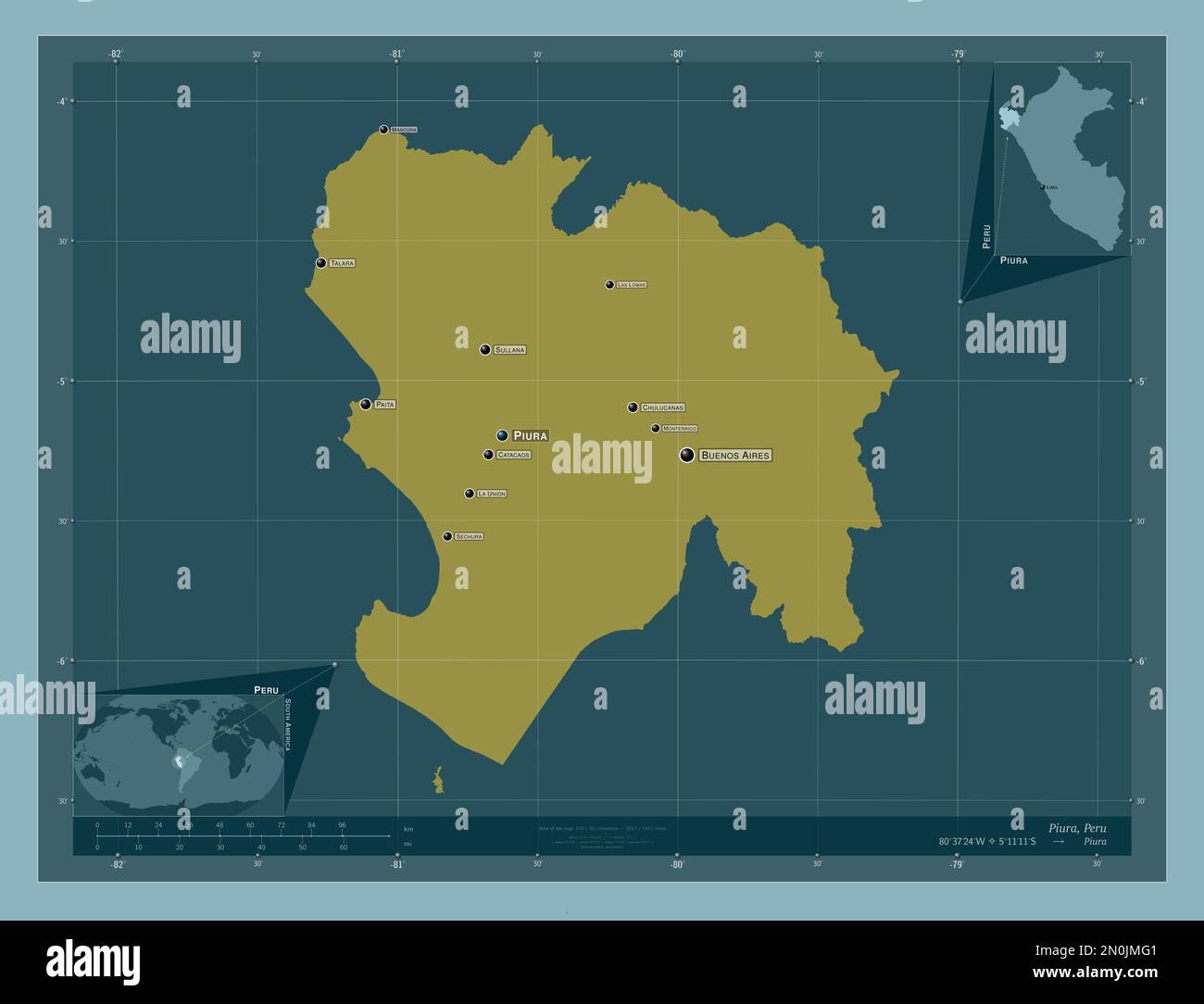 Piura, region of Peru. Solid color shape. Locations and names of major ...