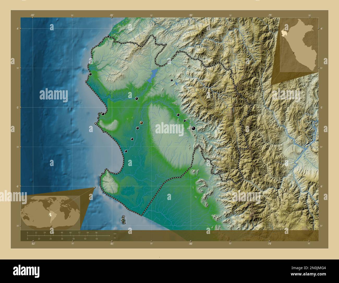 Piura, region of Peru. Colored elevation map with lakes and rivers ...