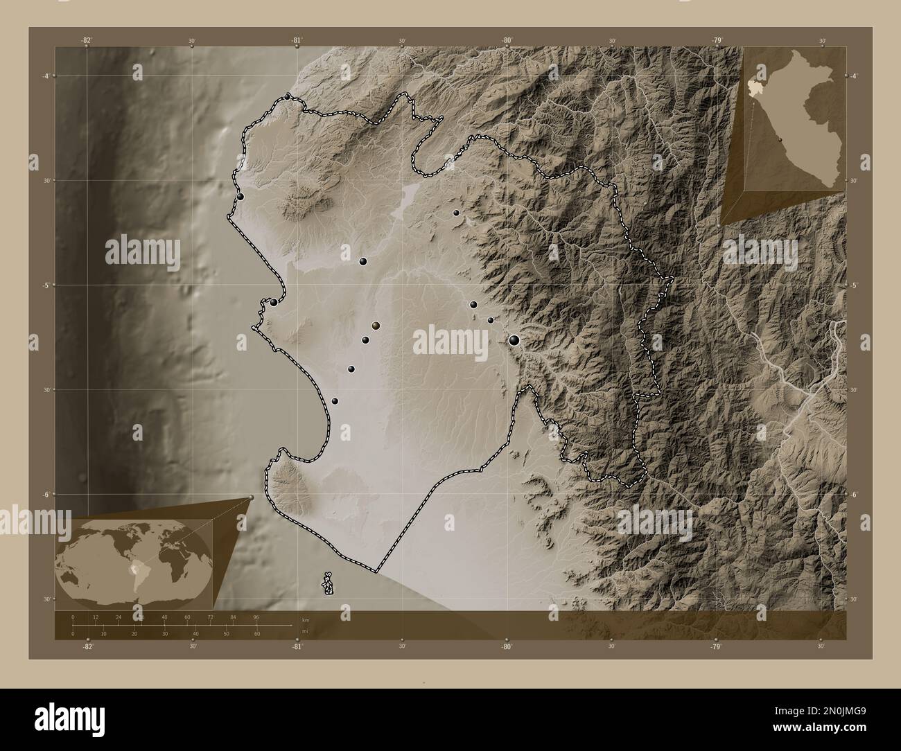 Piura, region of Peru. Elevation map colored in sepia tones with lakes ...