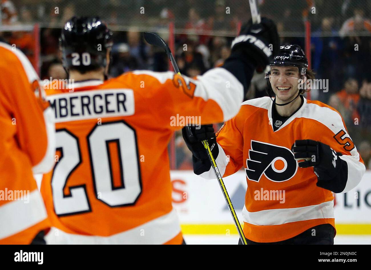 Philadelphia Flyers' Shayne Gostisbehere, right, celebrates with R.J ...