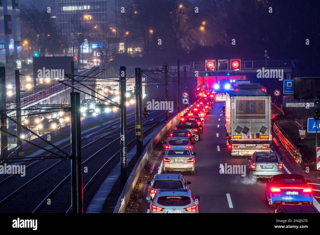 Traffic jam on the A40 motorway, Ruhrschnellweg, in Essen, before the ...