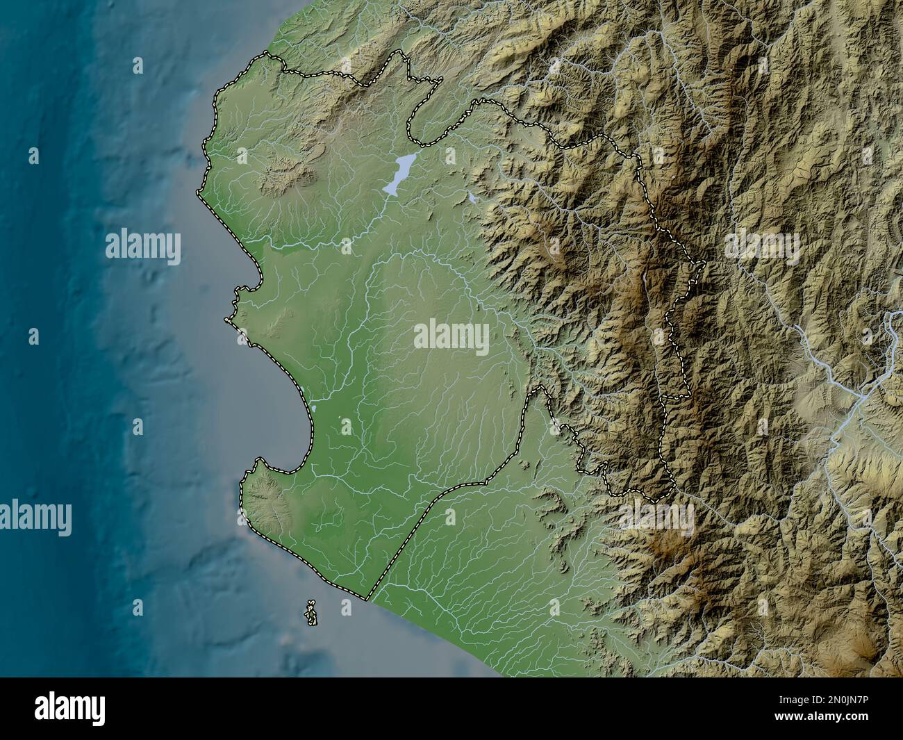 Piura, region of Peru. Elevation map colored in wiki style with lakes ...