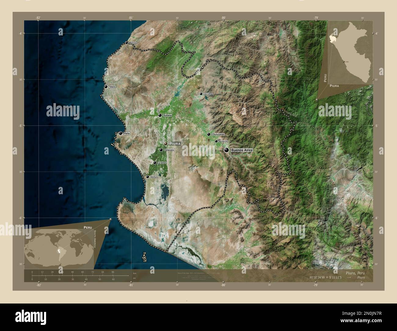 Piura, region of Peru. High resolution satellite map. Locations and ...
