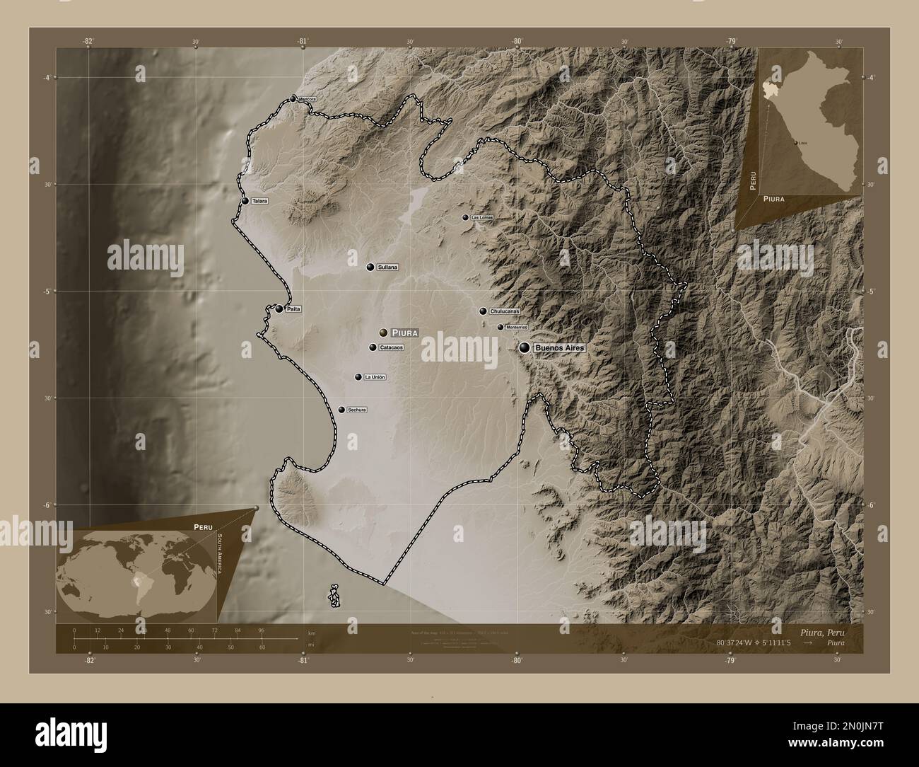 Piura, region of Peru. Elevation map colored in sepia tones with lakes ...