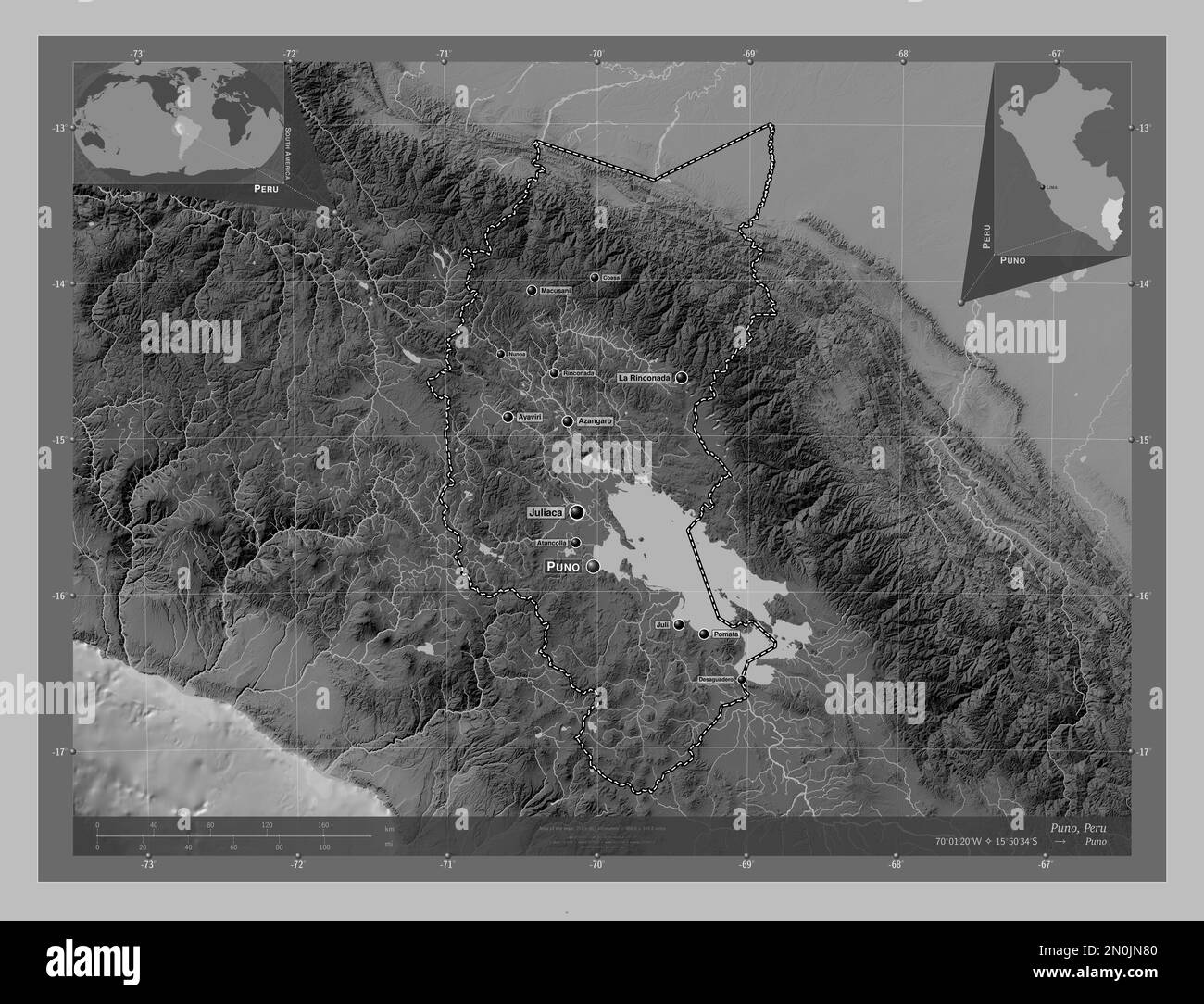 Puno, region of Peru. Grayscale elevation map with lakes and rivers ...