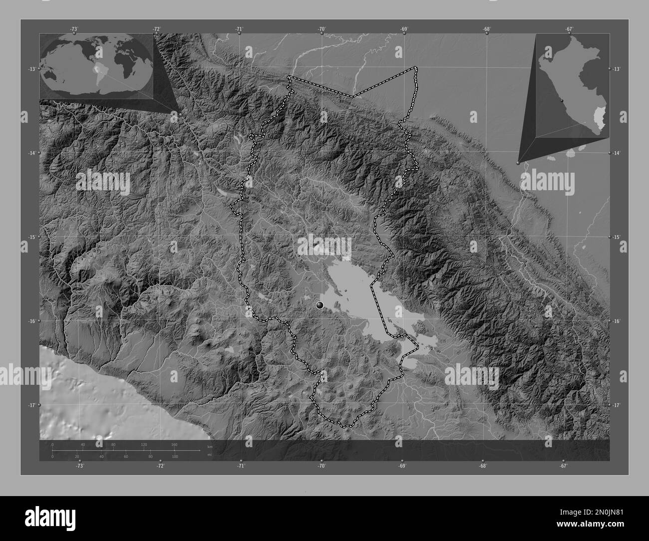 Puno, region of Peru. Bilevel elevation map with lakes and rivers ...
