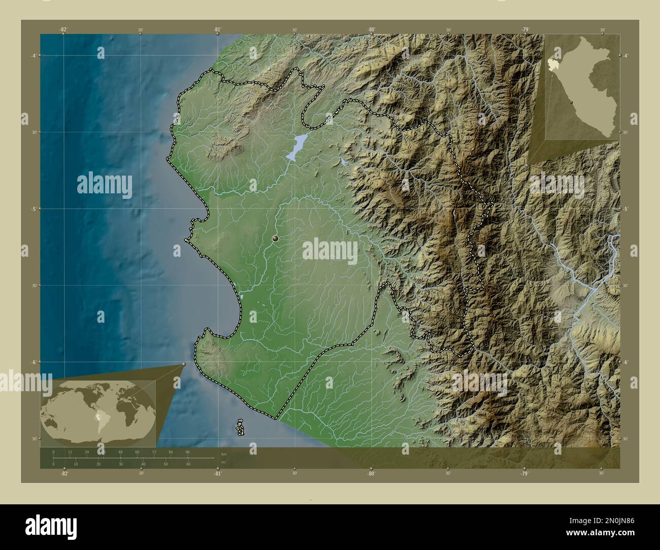 Piura, region of Peru. Elevation map colored in wiki style with lakes ...