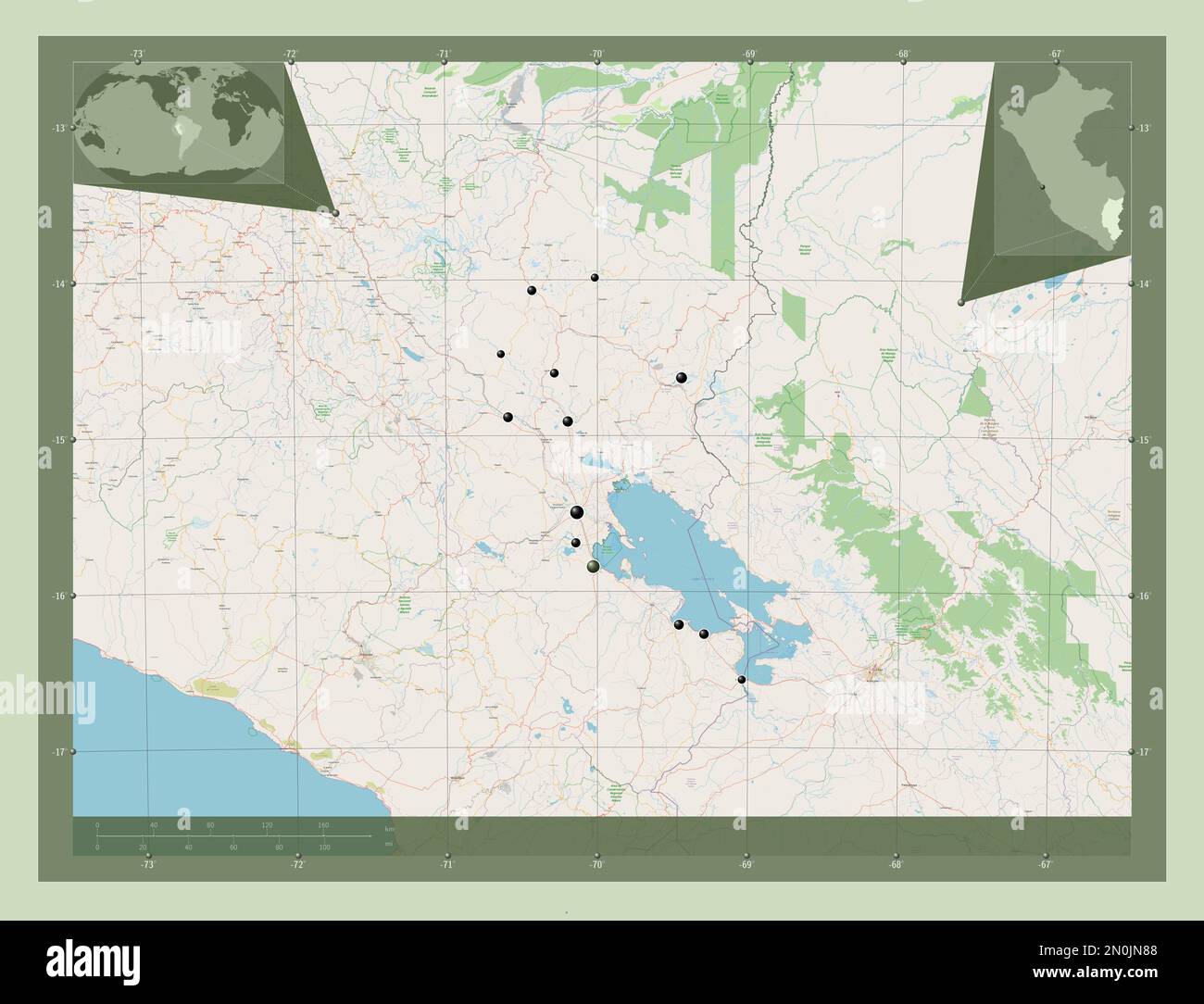 Puno, region of Peru. Open Street Map. Locations of major cities of the ...