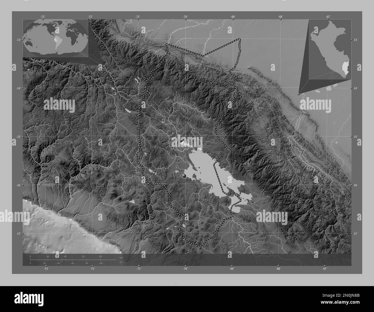 Puno, region of Peru. Grayscale elevation map with lakes and rivers ...