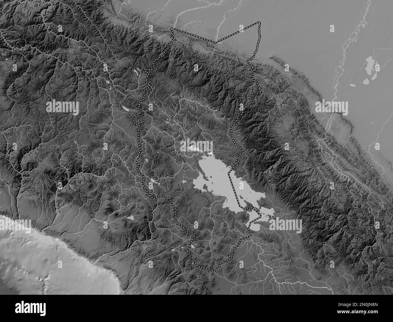 Puno, region of Peru. Grayscale elevation map with lakes and rivers ...