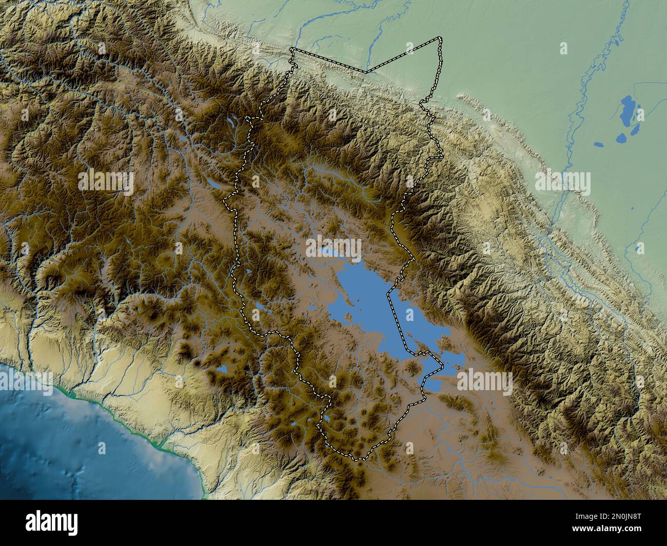 Puno, region of Peru. Colored elevation map with lakes and rivers Stock ...