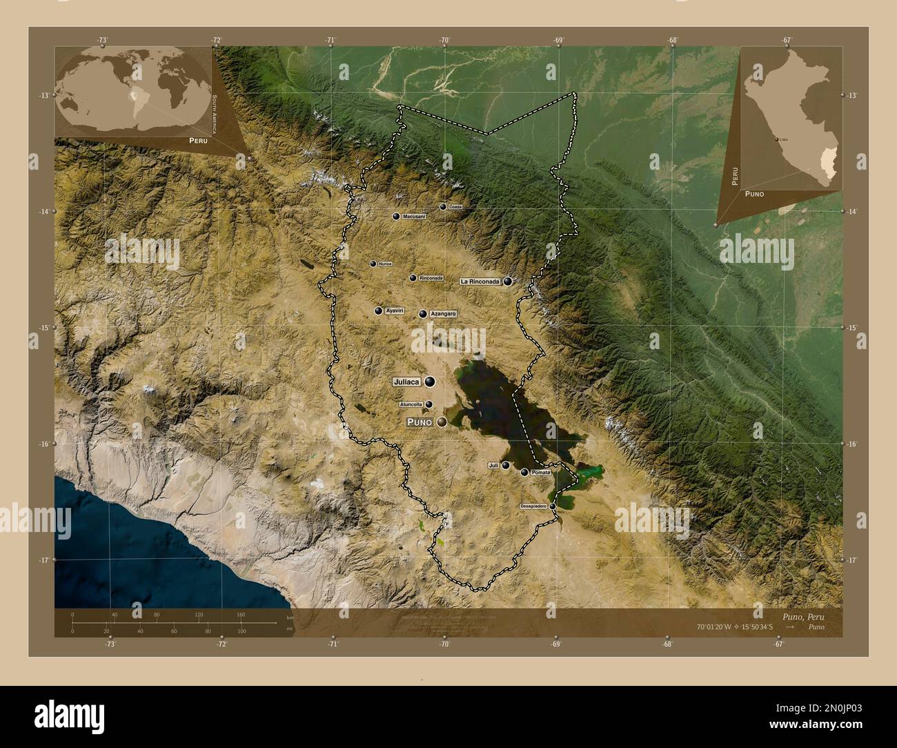 Puno, region of Peru. Low resolution satellite map. Locations and names ...