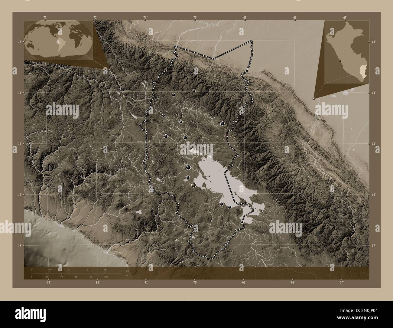 Puno, region of Peru. Elevation map colored in sepia tones with lakes ...