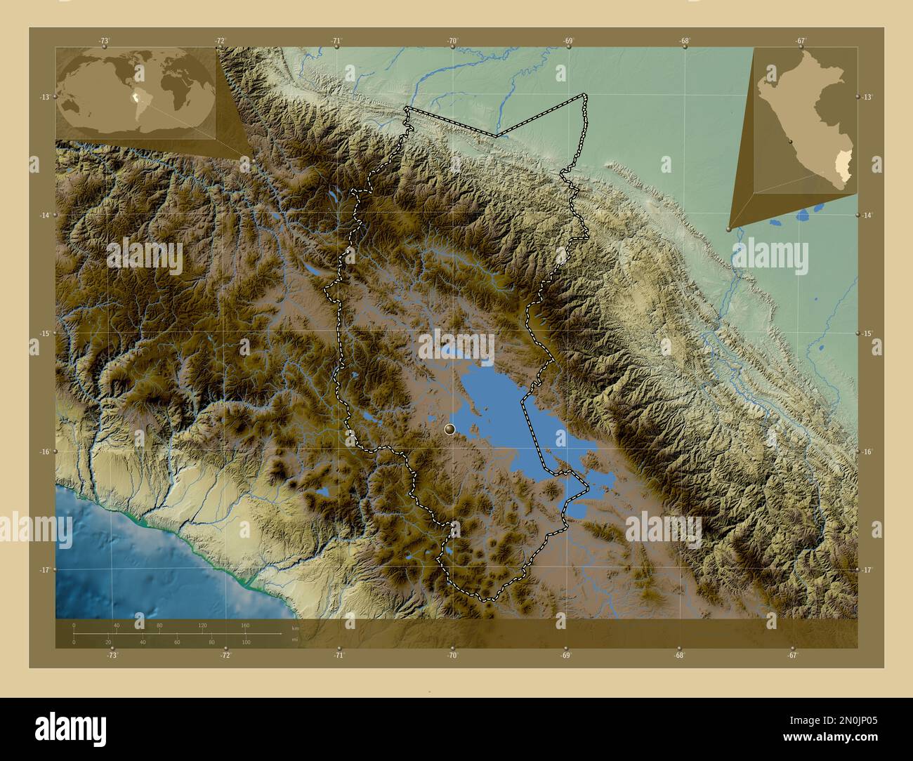 Puno, region of Peru. Colored elevation map with lakes and rivers ...