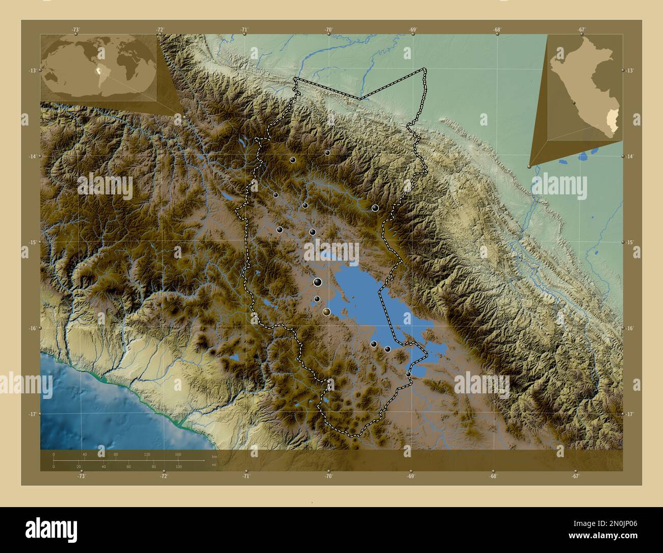 Puno, region of Peru. Colored elevation map with lakes and rivers ...
