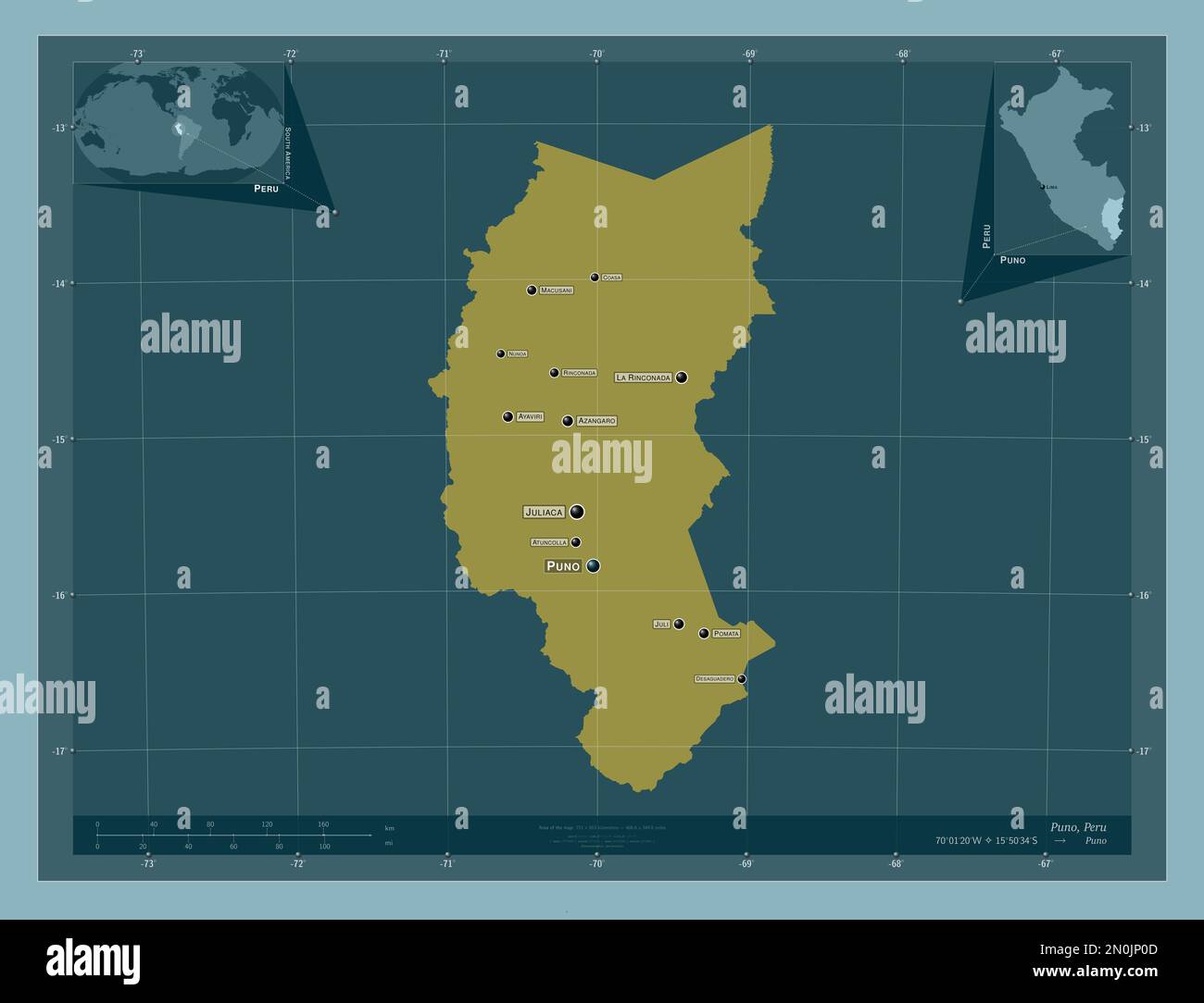 Puno, region of Peru. Solid color shape. Locations and names of major ...