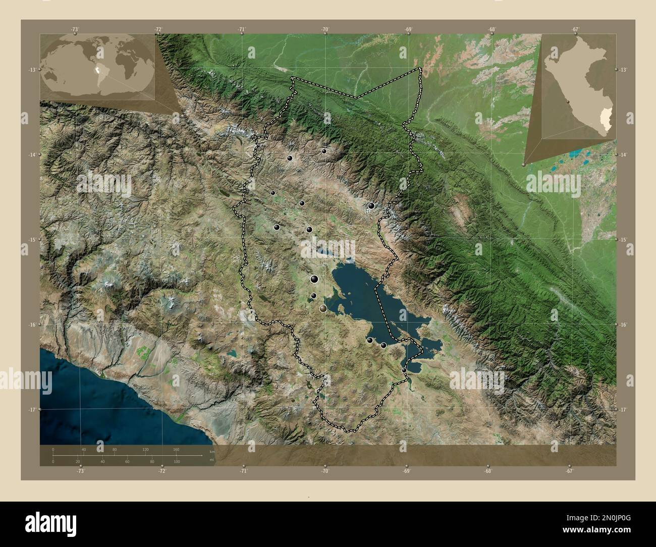 Puno, region of Peru. High resolution satellite map. Locations of major ...