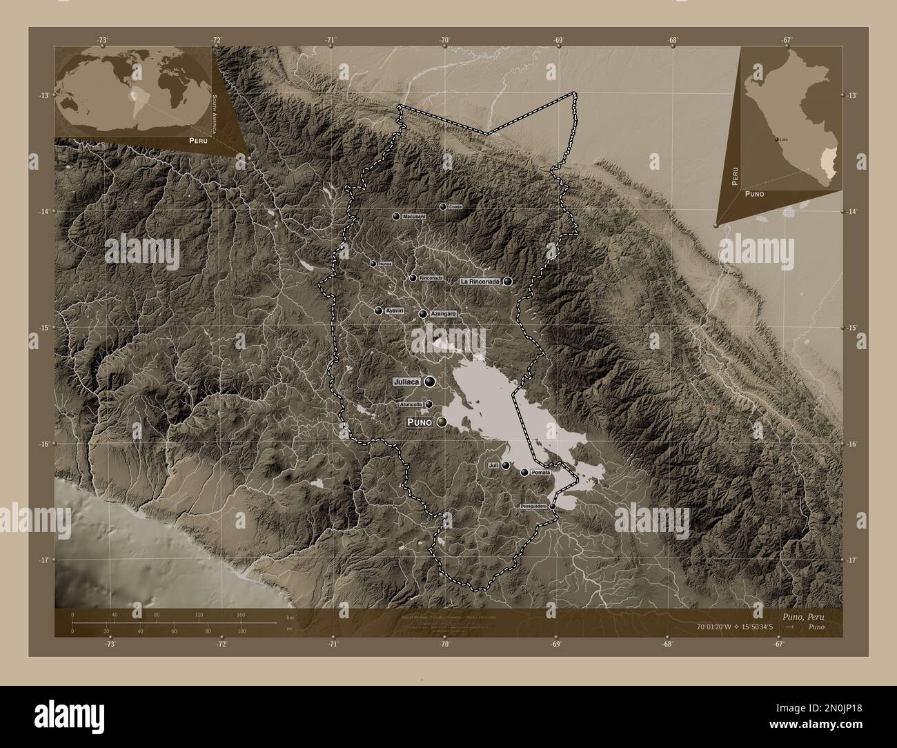 Puno, region of Peru. Elevation map colored in sepia tones with lakes ...