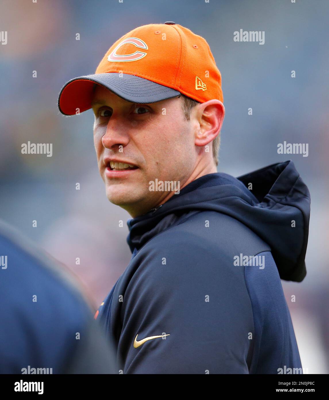 Chicago Bears offensive coordinator Adam Gase looks over the field ...