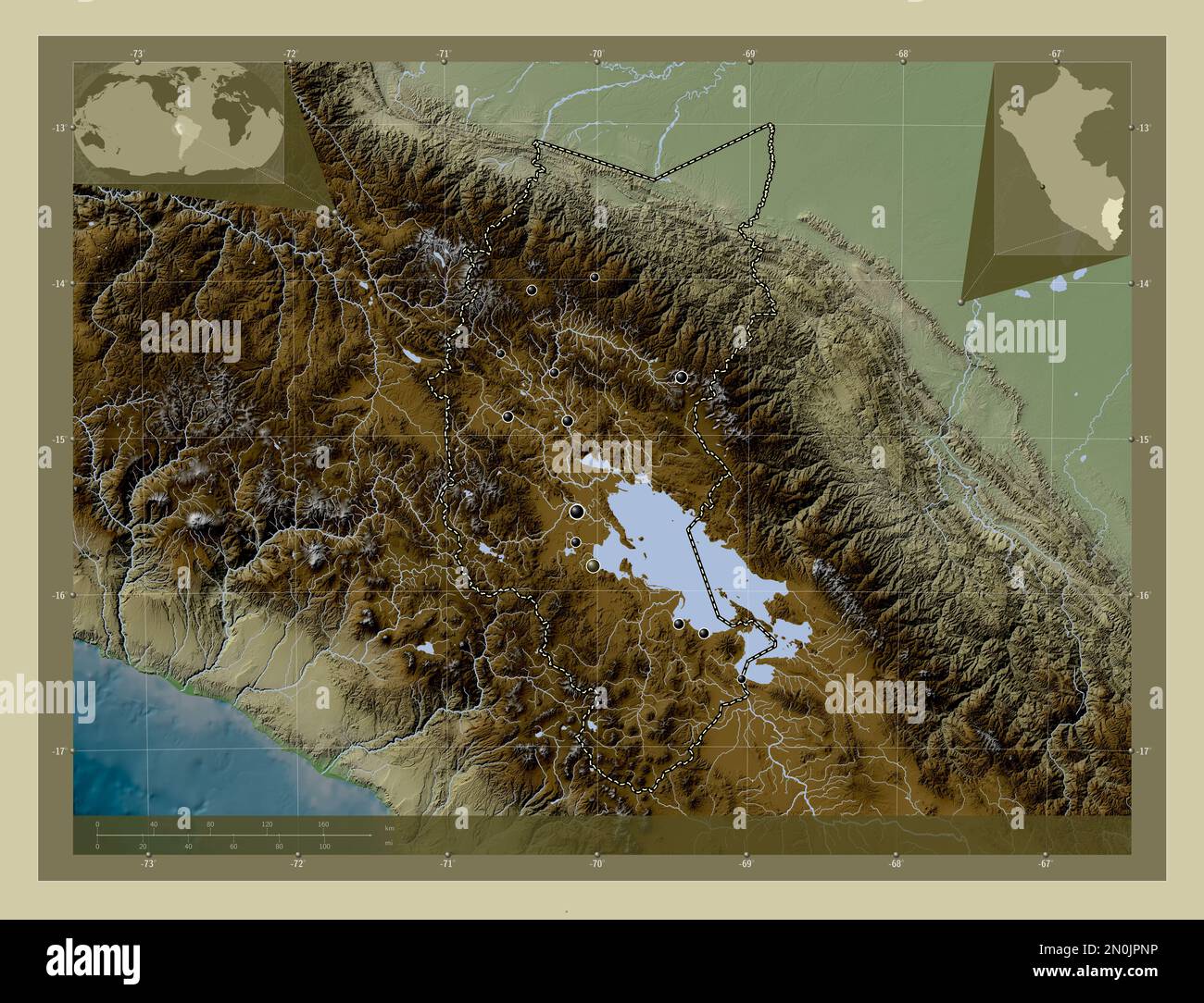 Puno, region of Peru. Elevation map colored in wiki style with lakes ...