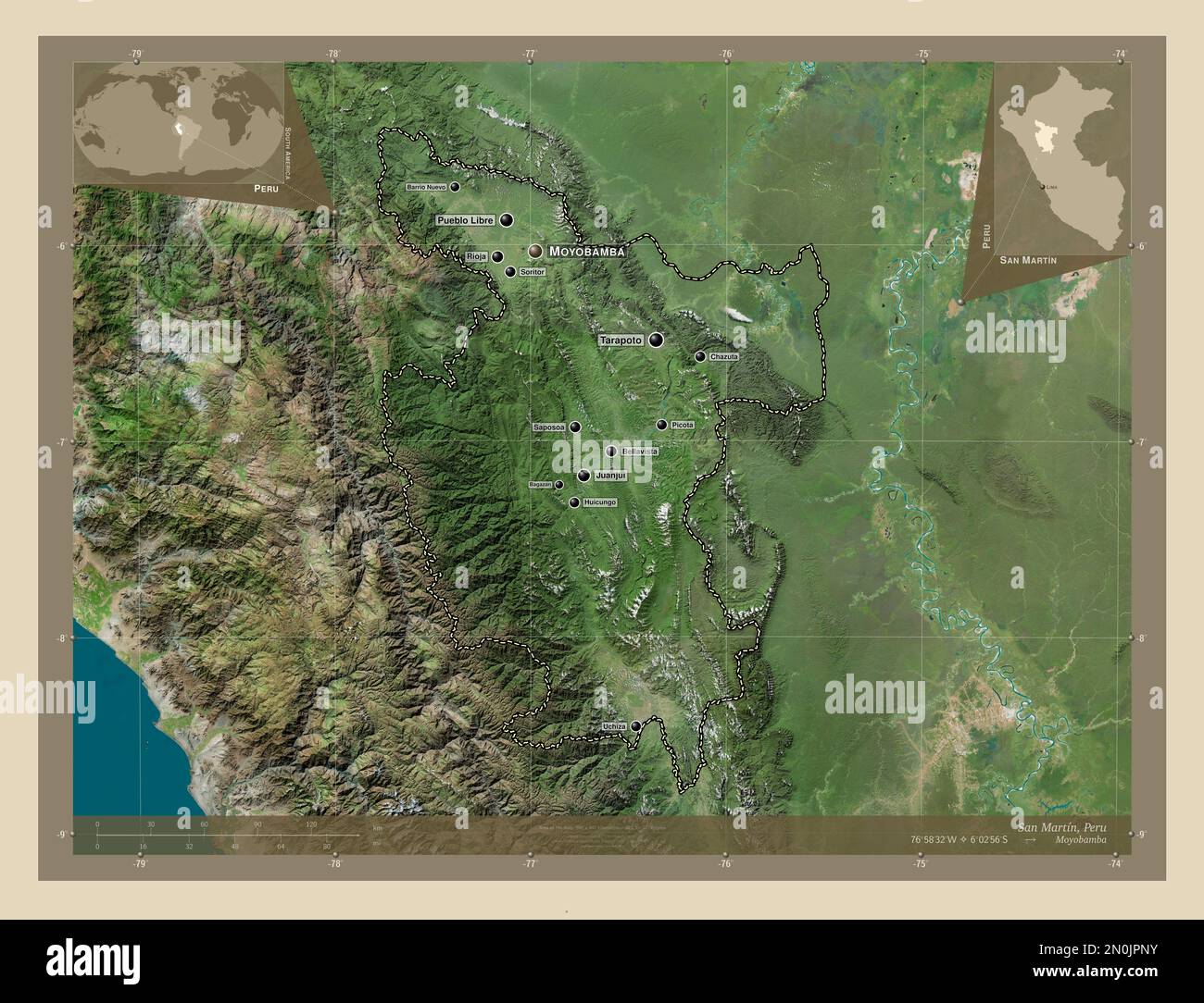 San Martin, region of Peru. High resolution satellite map. Locations ...
