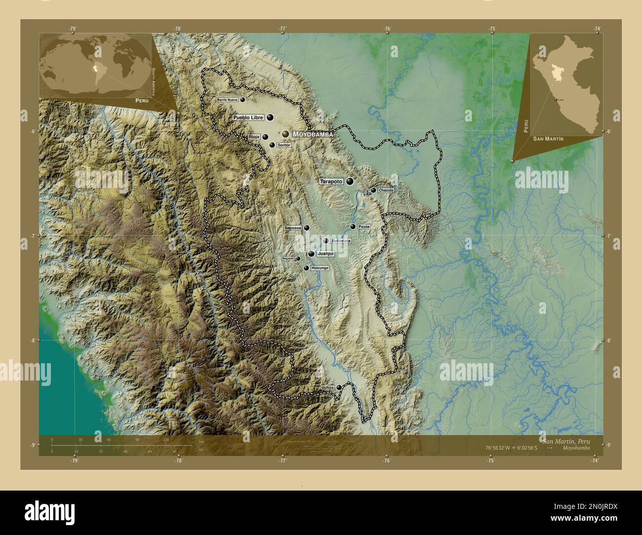 San Martin, region of Peru. Colored elevation map with lakes and rivers ...