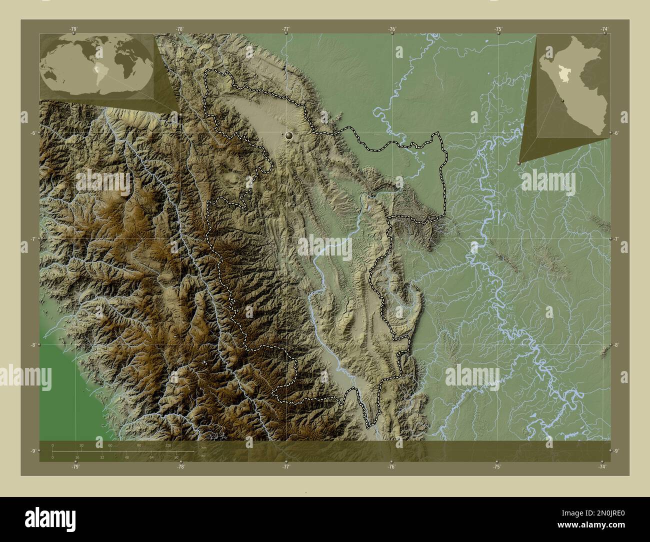 San Martin, region of Peru. Elevation map colored in wiki style with lakes and rivers. Corner ...