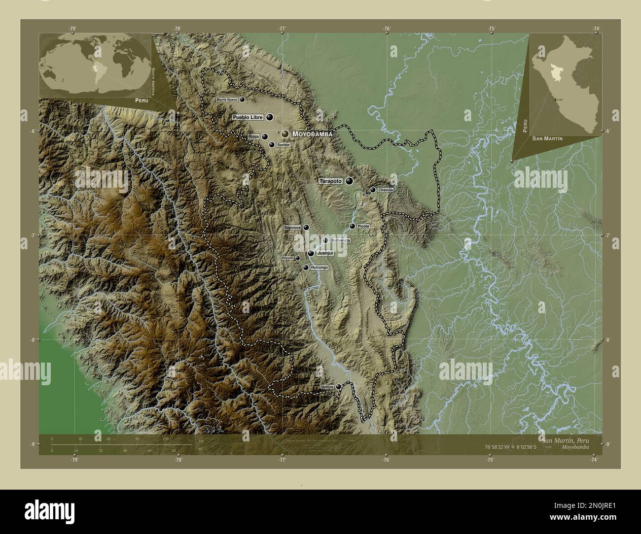 San Martin, region of Peru. Elevation map colored in wiki style with ...