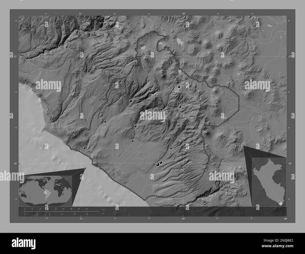 Tacna, region of Peru. Bilevel elevation map with lakes and rivers ...