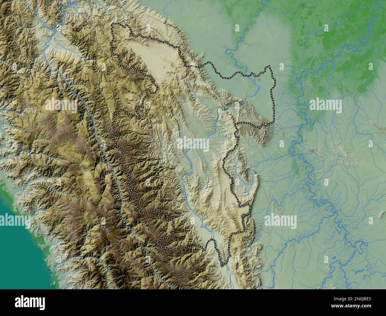 San Martin, region of Peru. Colored elevation map with lakes and rivers ...