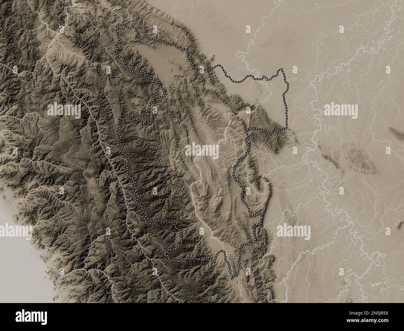 San Martin, region of Peru. Elevation map colored in sepia tones with ...