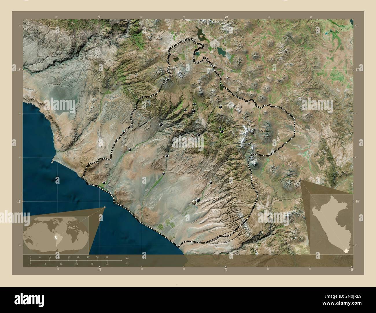 Tacna, region of Peru. High resolution satellite map. Locations of ...