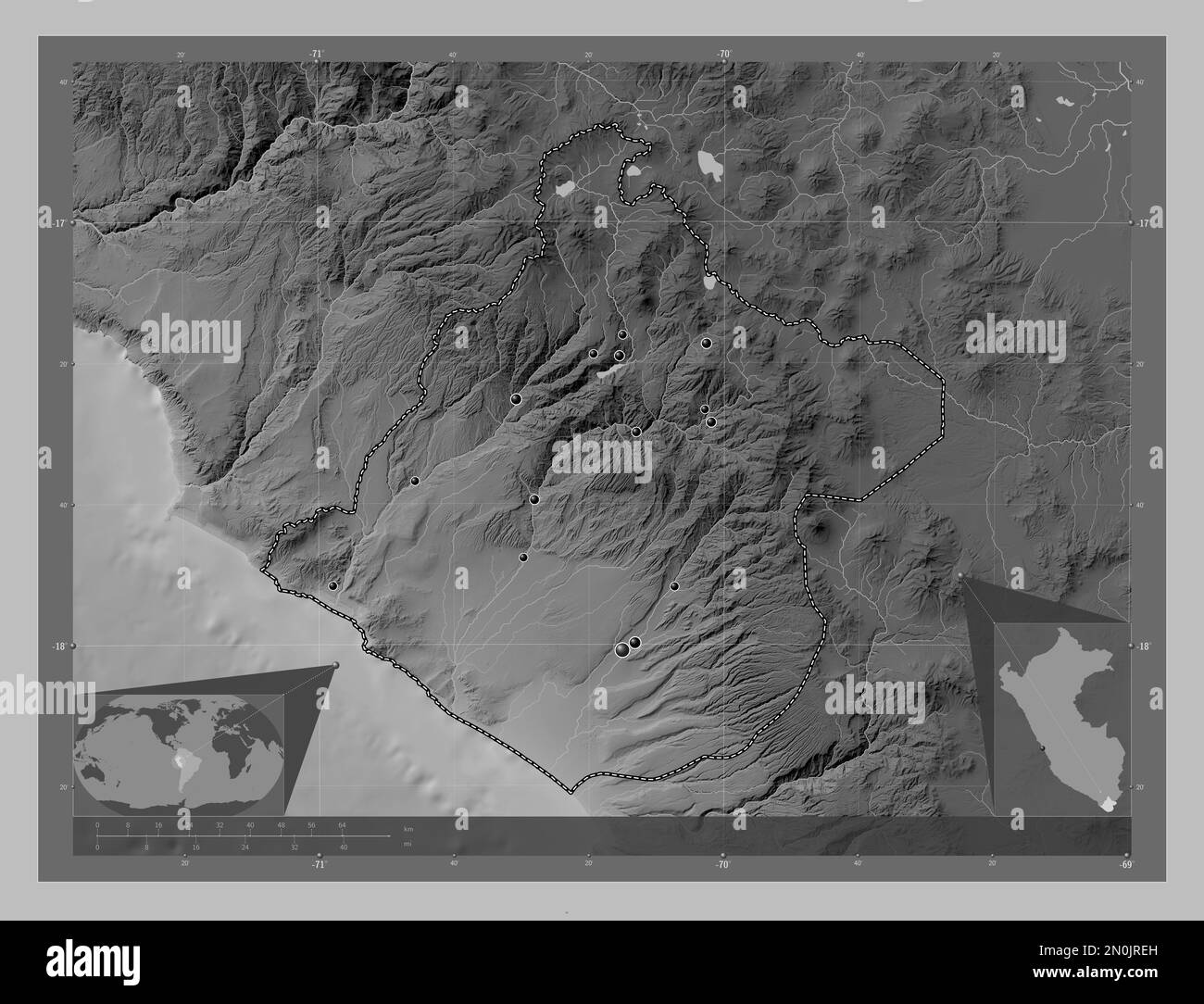 Tacna, region of Peru. Grayscale elevation map with lakes and rivers ...