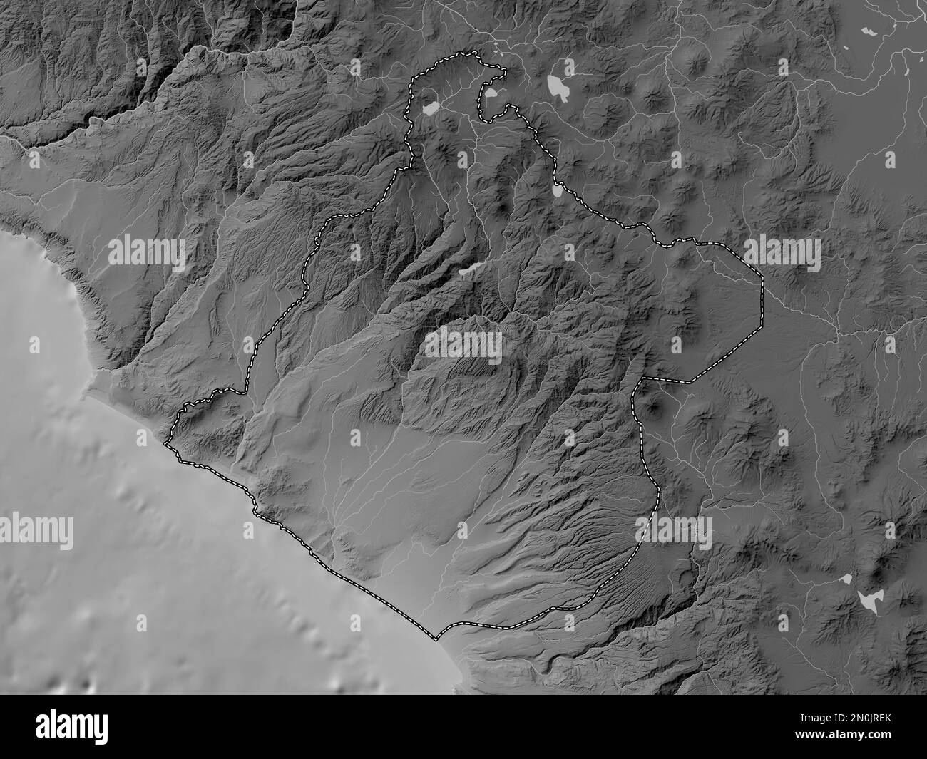 Tacna, region of Peru. Grayscale elevation map with lakes and rivers ...
