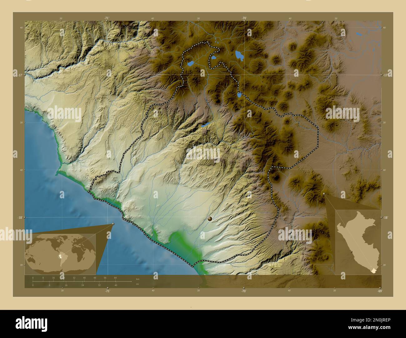 Tacna, region of Peru. Colored elevation map with lakes and rivers. Corner auxiliary location ...