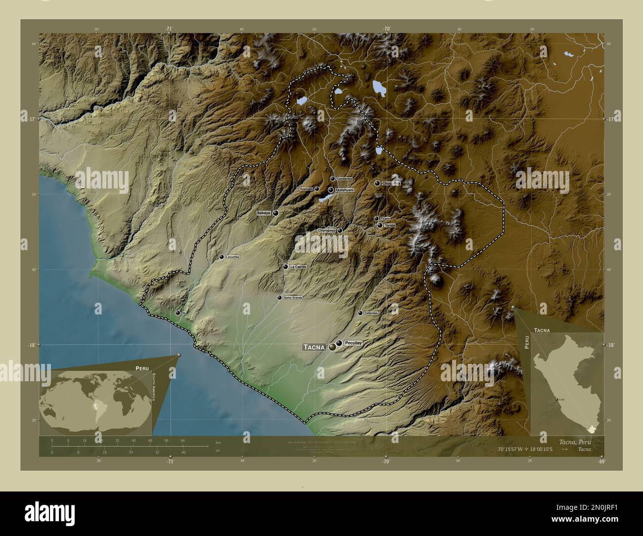 Tacna, region of Peru. Elevation map colored in wiki style with lakes ...