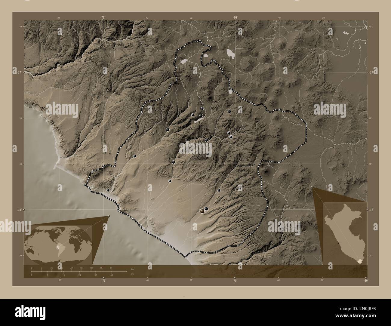 Tacna, region of Peru. Elevation map colored in sepia tones with lakes ...