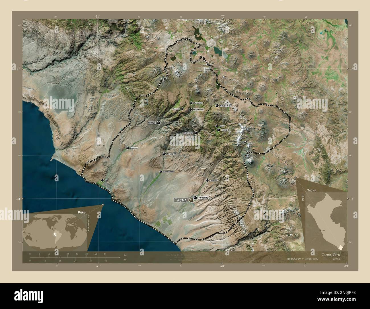 Tacna, region of Peru. High resolution satellite map. Locations and ...
