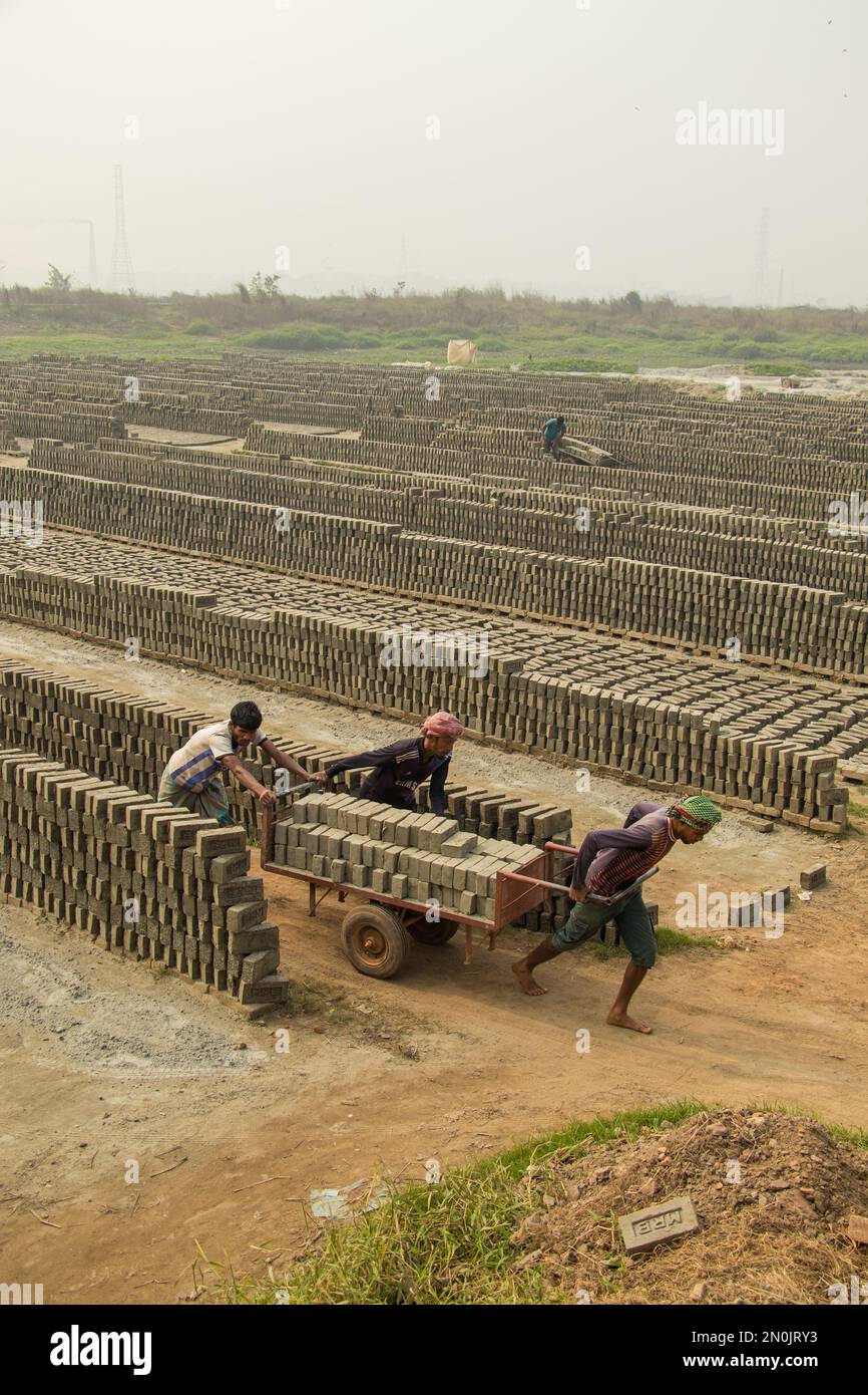 People are working hard in the brick field. This image was taken from ...