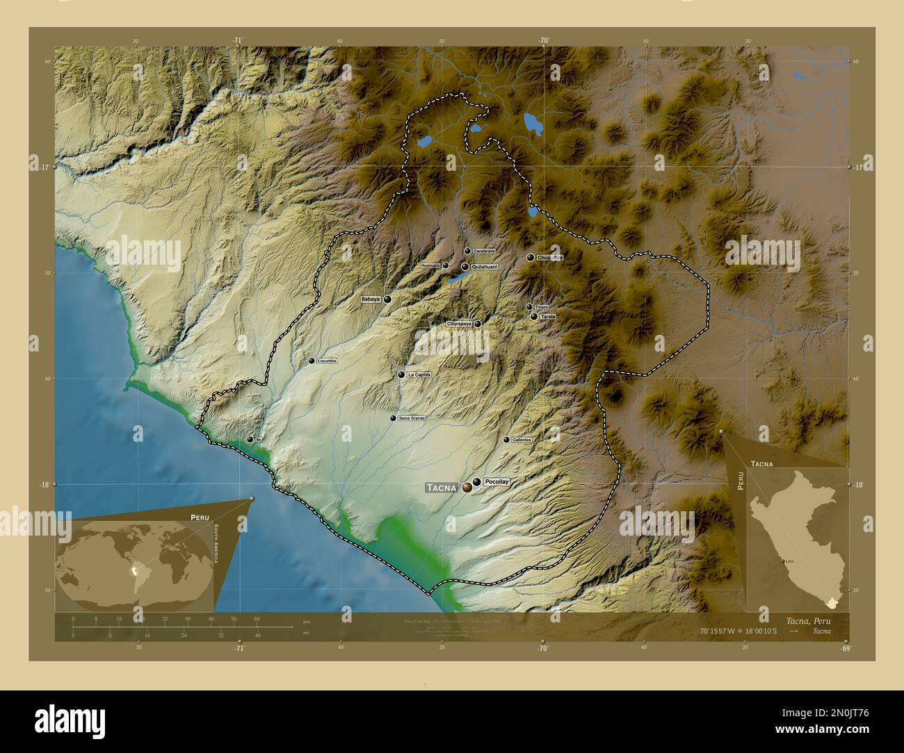 Tacna, region of Peru. Colored elevation map with lakes and rivers ...
