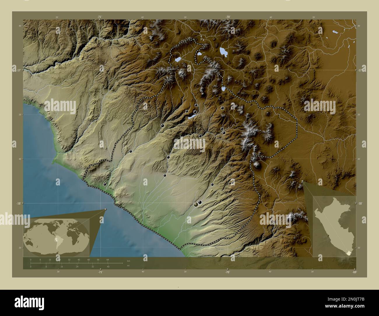 Tacna, region of Peru. Elevation map colored in wiki style with lakes ...