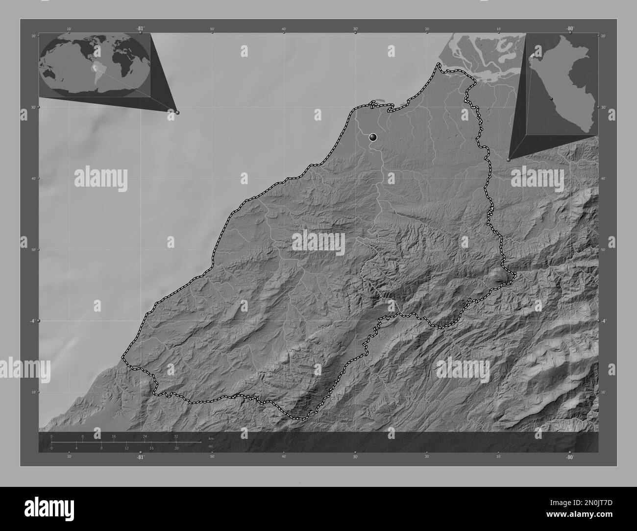 Tumbes, region of Peru. Bilevel elevation map with lakes and rivers ...
