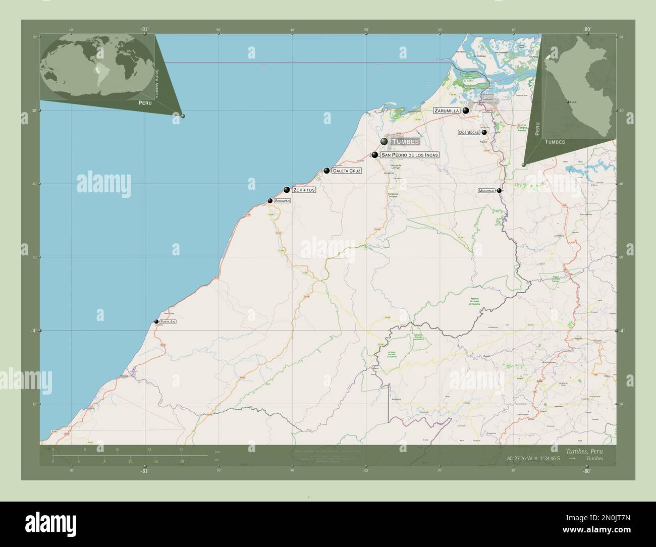 Tumbes, region of Peru. Open Street Map. Locations and names of major ...
