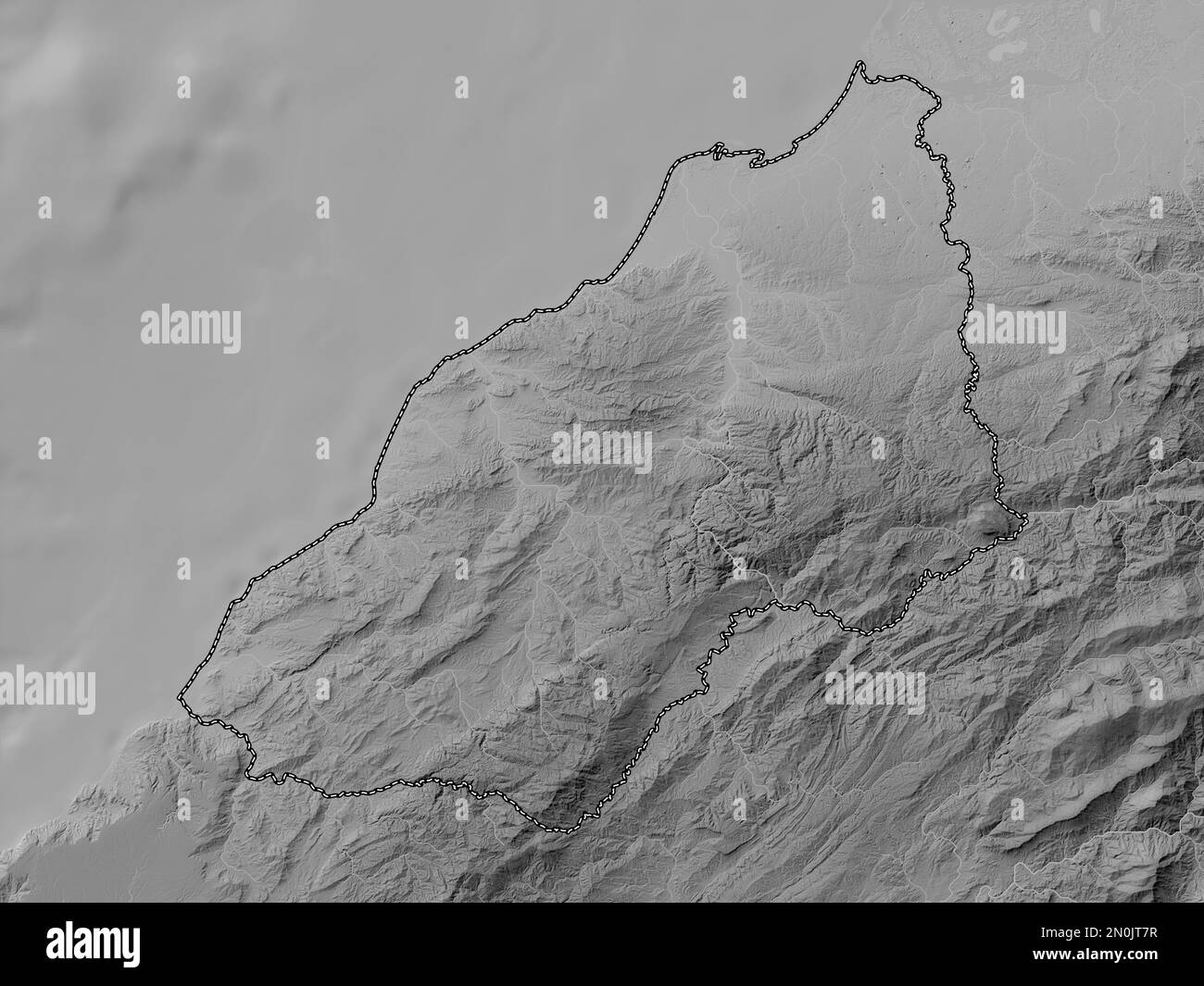 Tumbes, region of Peru. Grayscale elevation map with lakes and rivers ...