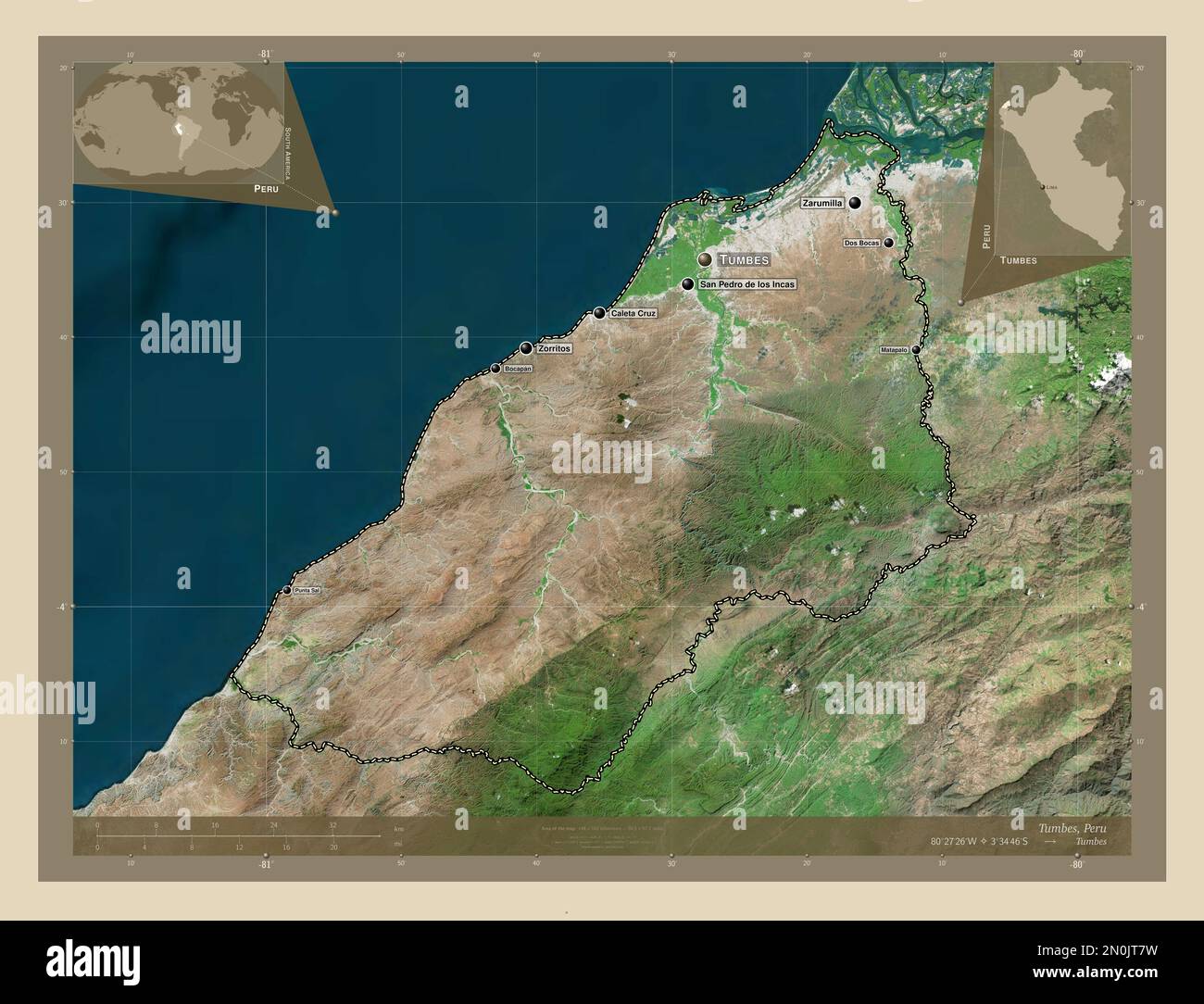 Tumbes, region of Peru. High resolution satellite map. Locations and ...