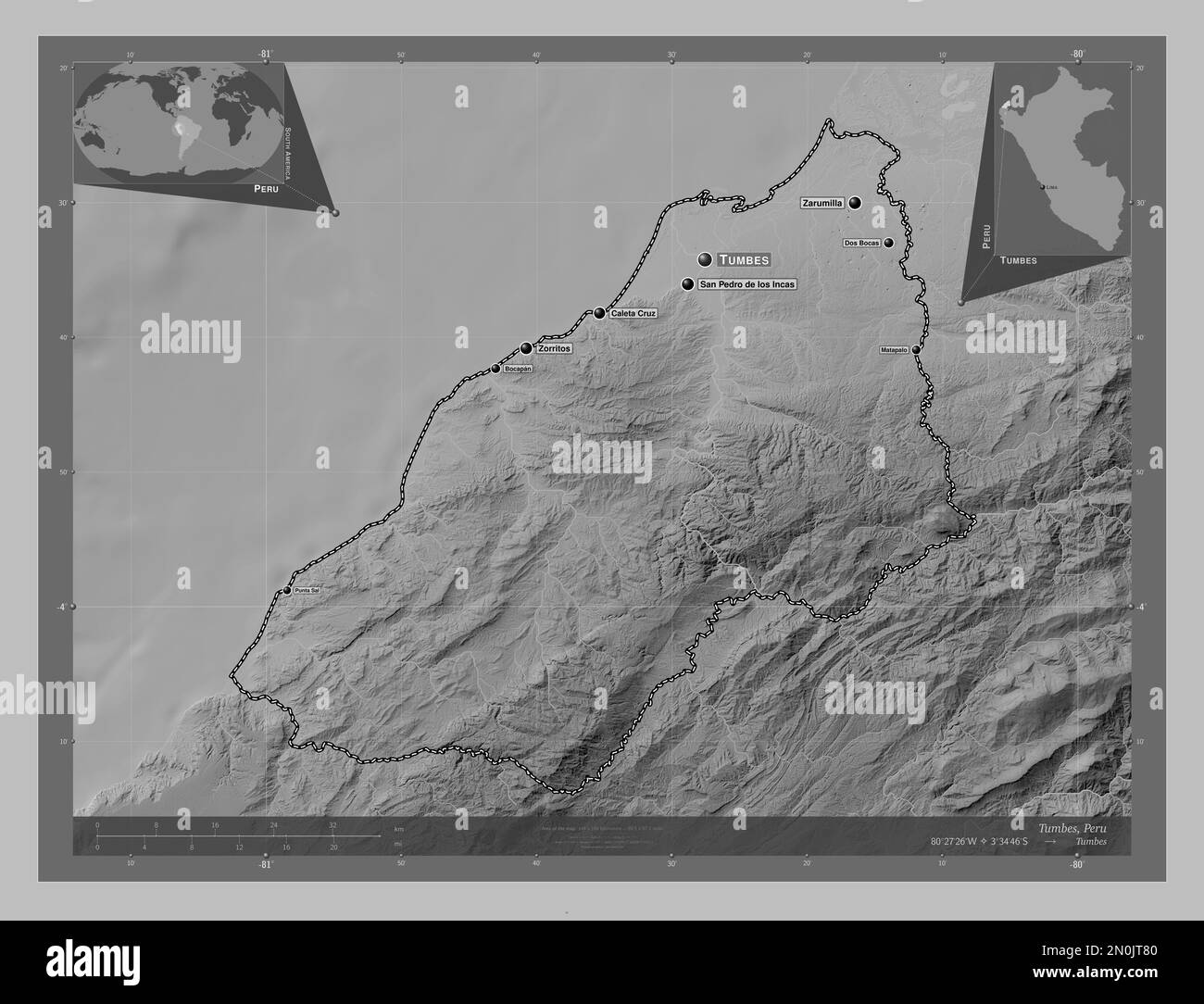 Tumbes, region of Peru. Grayscale elevation map with lakes and rivers ...