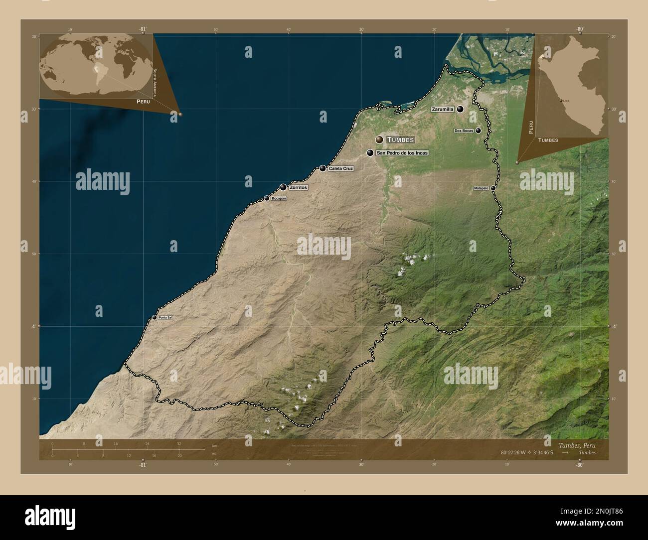 Tumbes, region of Peru. Low resolution satellite map. Locations and ...