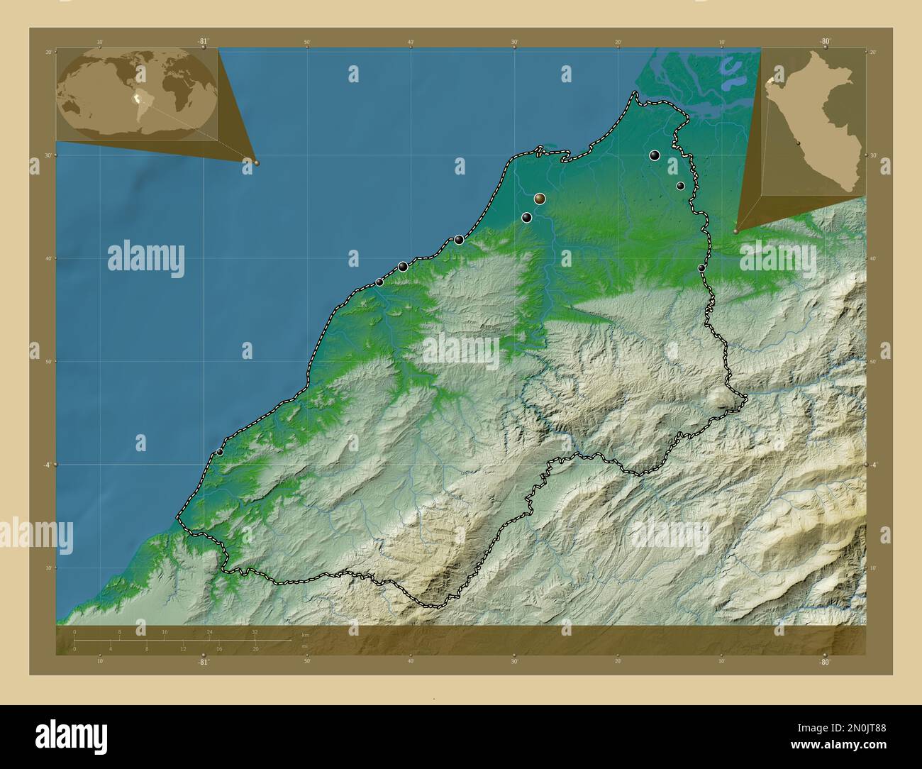 Tumbes, region of Peru. Colored elevation map with lakes and rivers ...